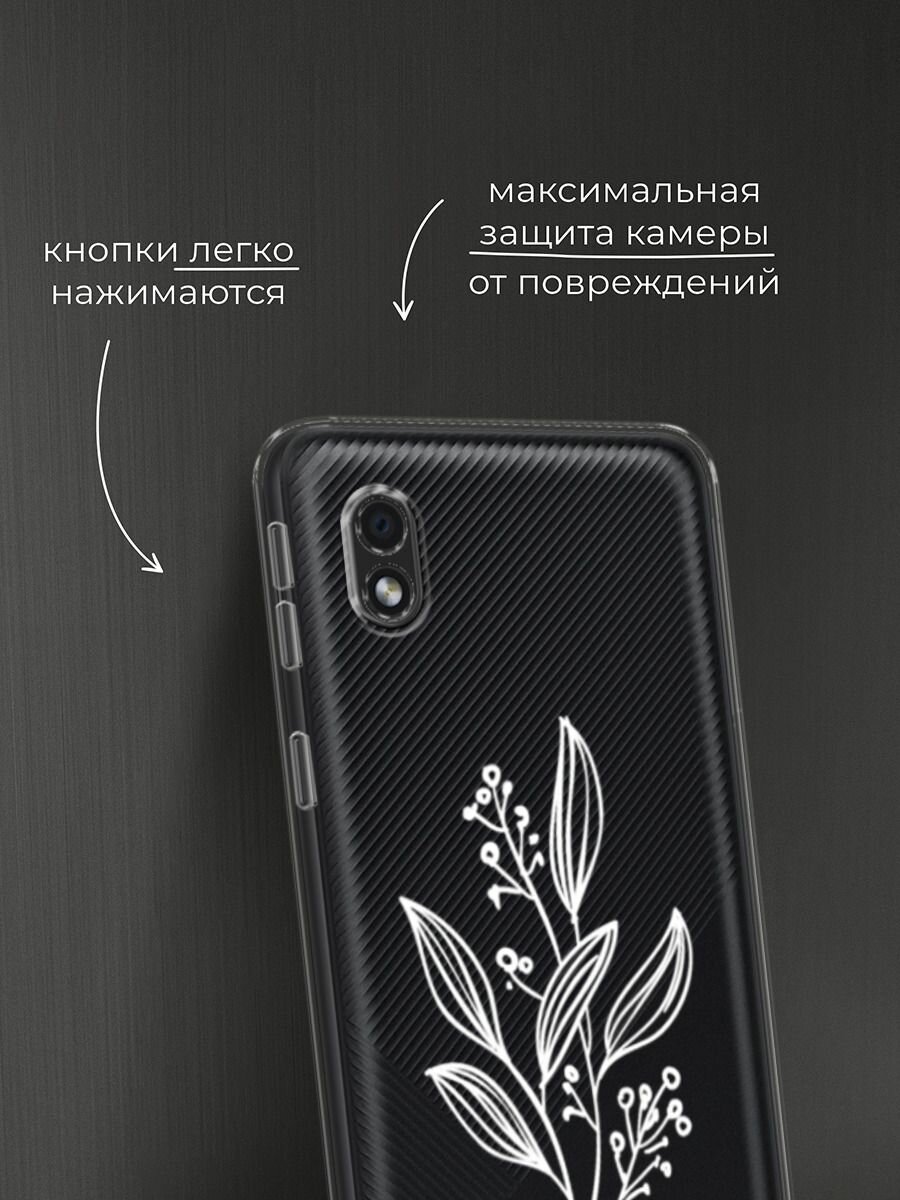 Чехол на Samsung Galaxy A01 Core / Самсунг Галакси А01 Core с принтом "Ветка с листочками и цветами", прозрачный — фото 1