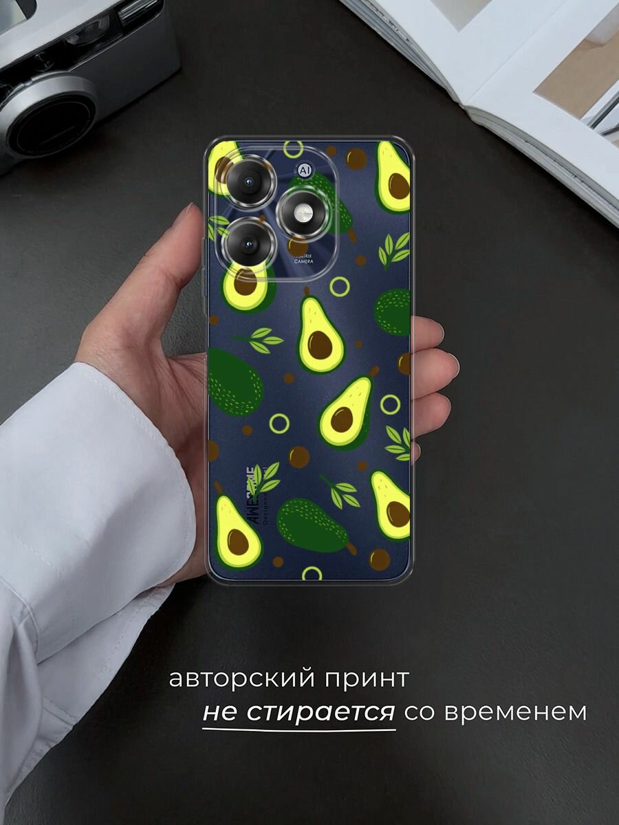 Чехол на Itel A70 / Ител А70 с принтом "Авокадо паттерн", прозрачный — фото 1