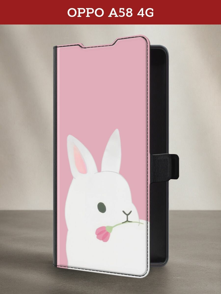 Чехол-книжка на Oppo A58 4G / Оппо А58 4G с рисунком "Кролик с цветком"