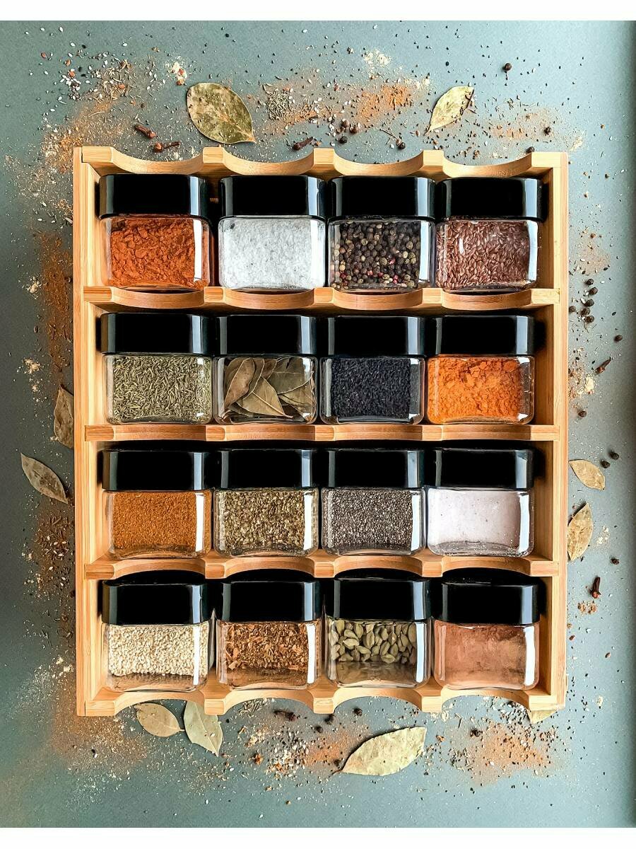 Набор баночек для специй и приправ на подставке / Органайзер для специй / Полка-держатель для специй бамбуковая