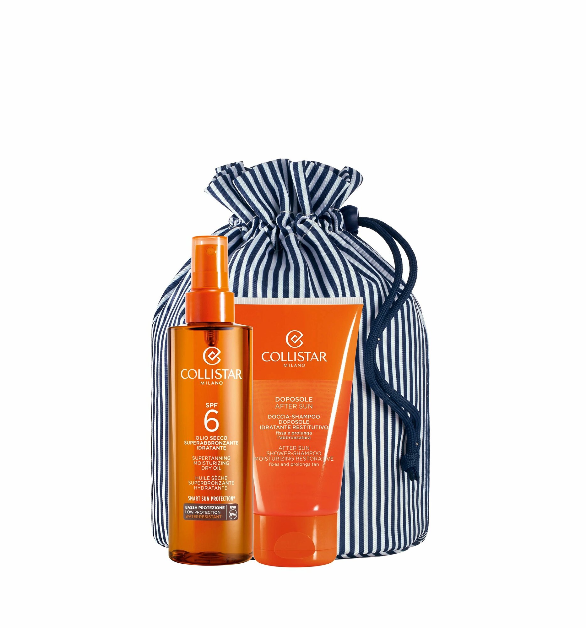 Collistar - Набор Для Суперзагара 2024 Moisturizing Dry Oil SPF6 200 ml + After-Sun Shower Shampoo 150 ml + Сумочка