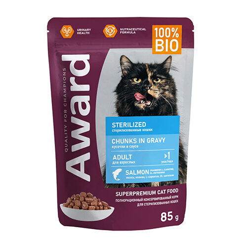 Влажный корм Паучи Авард для взрослых Стерилизованных кошек Кусочки в соусе с Лососем (цена за упаковку) 85г х 24шт