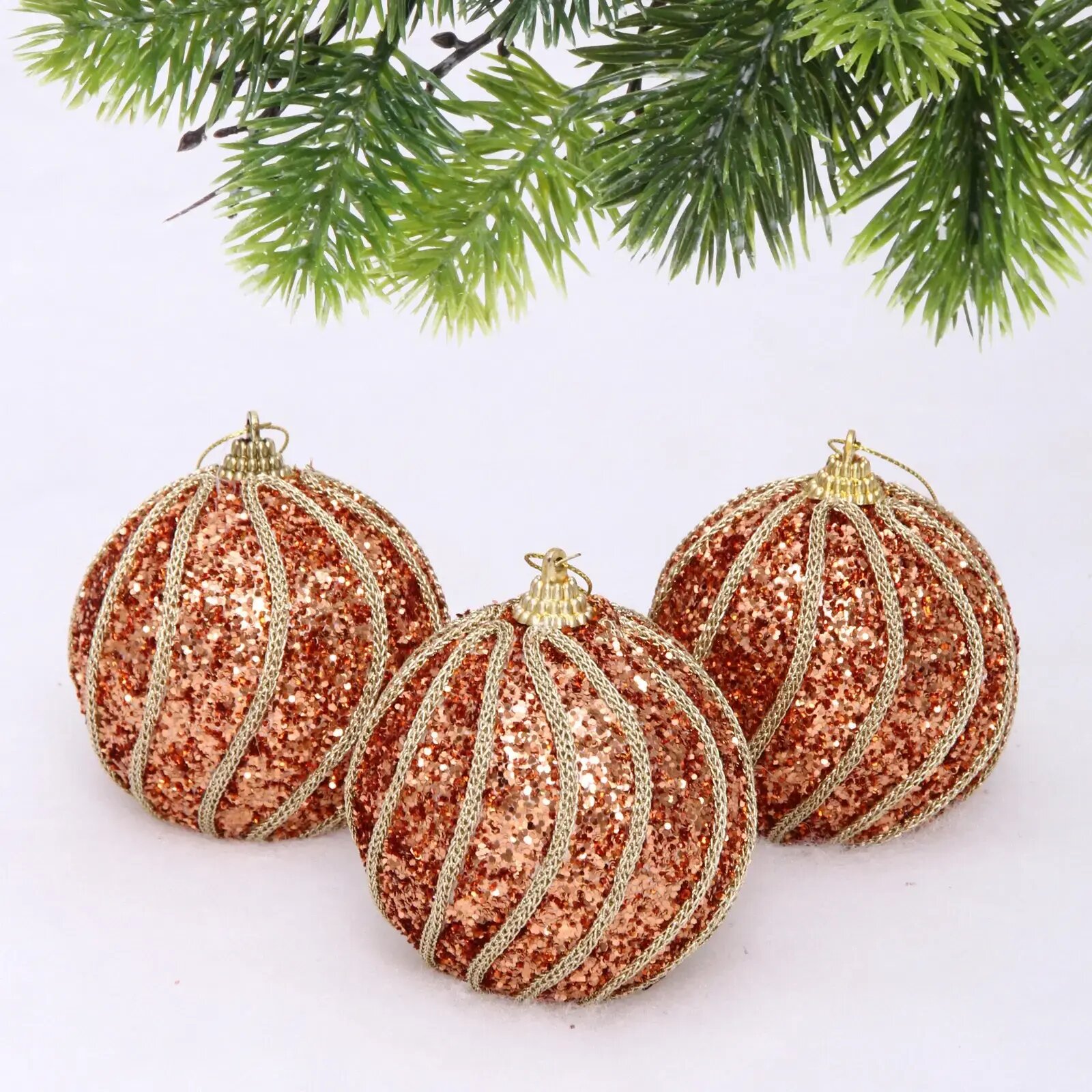 Новогодние шары «GLAME - Блестящий мир» 8 см (набор 3 шт), Розовое золото, пластик, для елки и декорирования