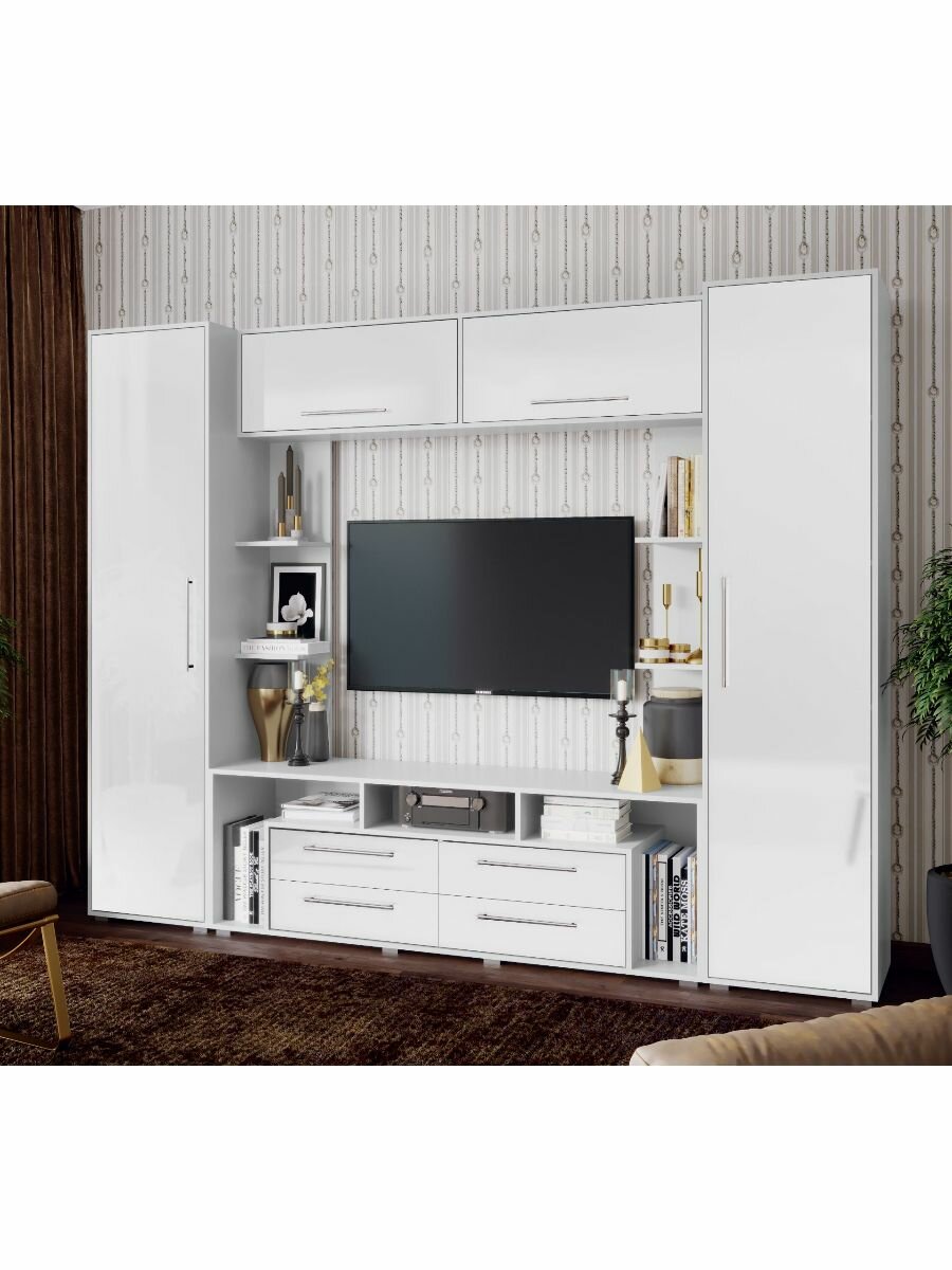 Гостиная Гармония МДФ/ЛДСП 2700х2100х440, Белый/Белый Глянец, МИФ