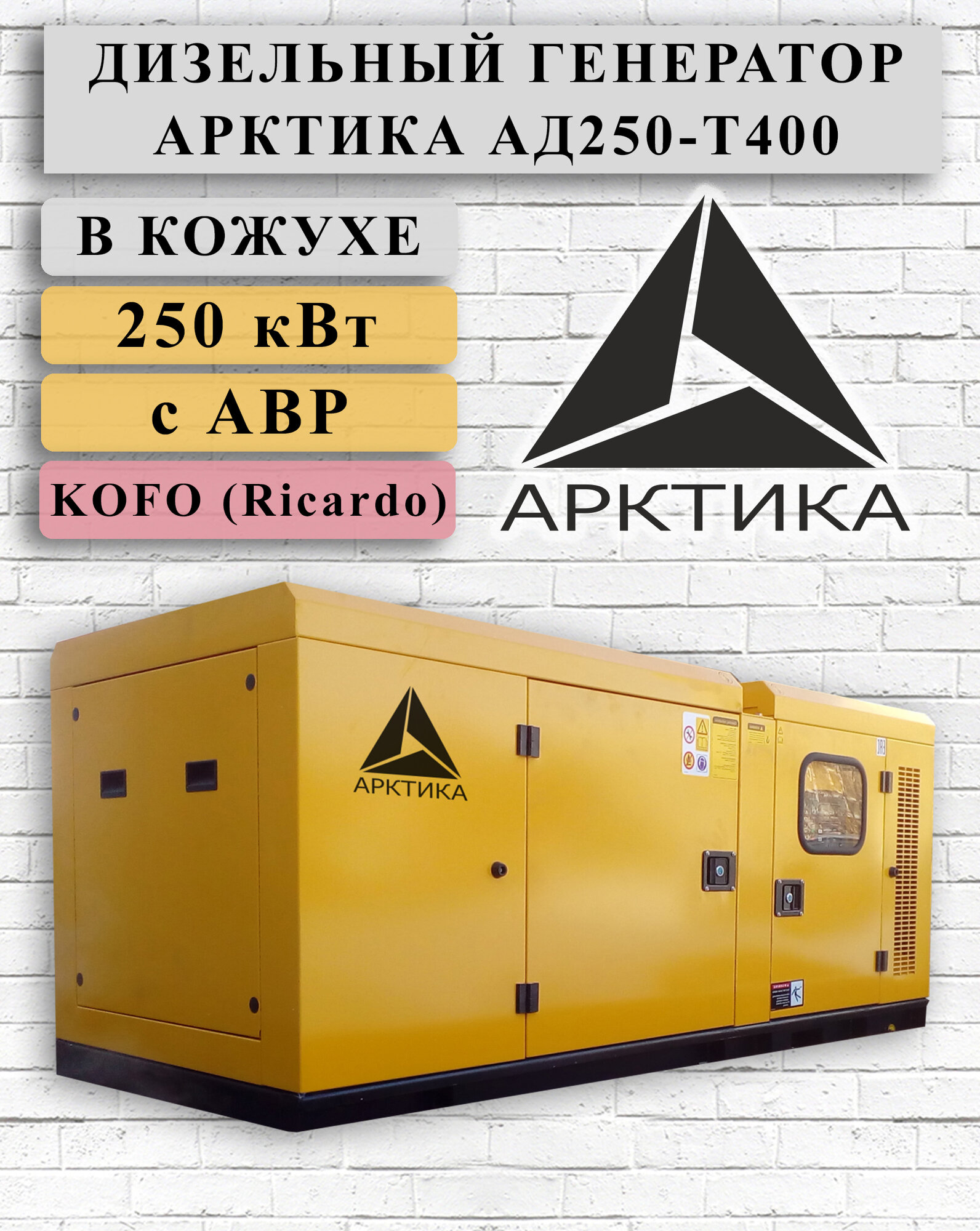 Дизельный генератор Арктика АД250-Т400, двигатель KOFO (Ricardo), 10 000 м/ч, 250 кВт, с АВР в кожухе