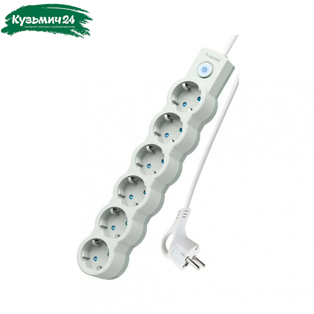 Удлинитель Космос YKsm3m-6g-Z-V10A-W 1801995 ПВС, с заземлением, 6 розеток, 3 м, 2.2 кВт, 1 шт.