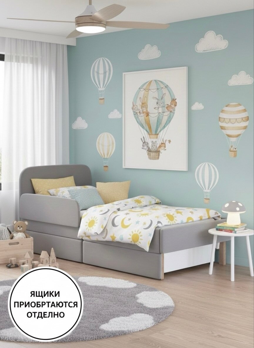 Кровать детская DobroMeb 160х80 с бортиком односпальная из микровелюра, серая