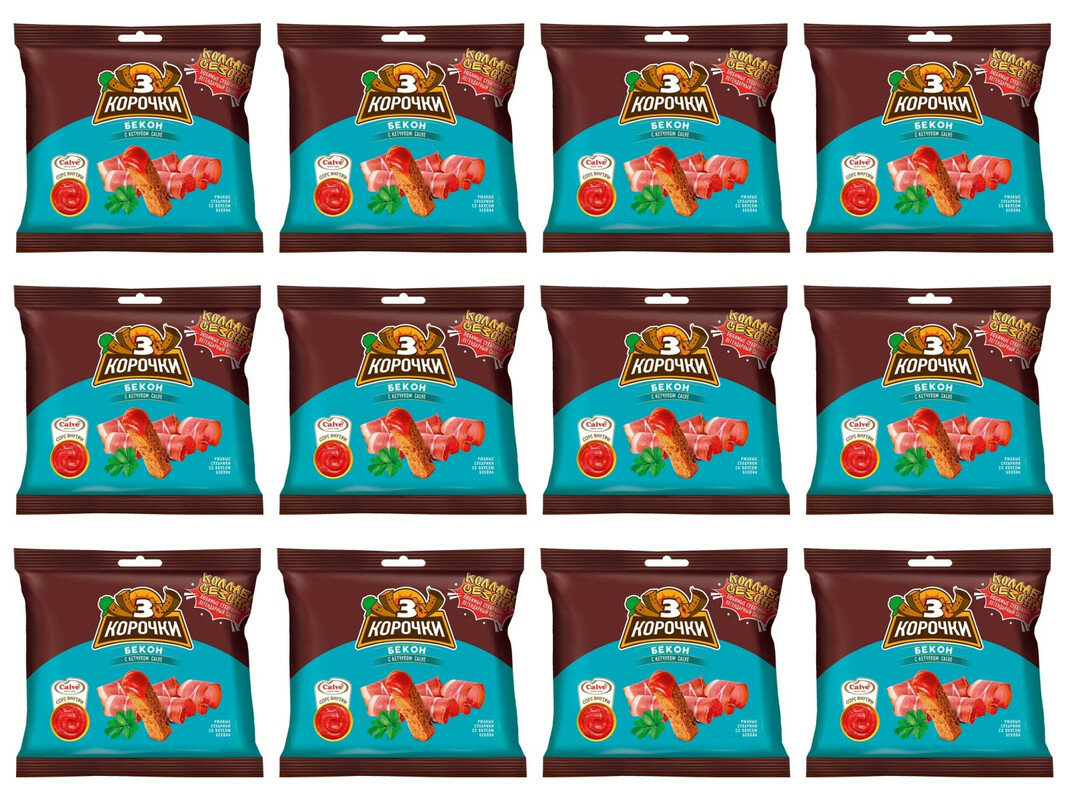 3 Корочки, Cухарики со вкусом бекона и кетчупом Calve, 85 г, 12 шт.