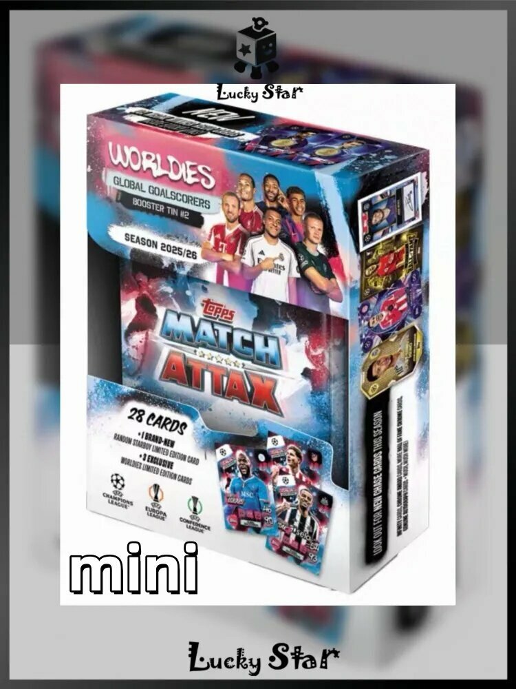Карточка, Topps UCC Match Attax 2025/26- Contains 28 Match Attax Cards Plus a Random Star Boy LE and 3 Exclusive 'Worldies' LE Cards, Small iron box(Global Goalscorers)blue