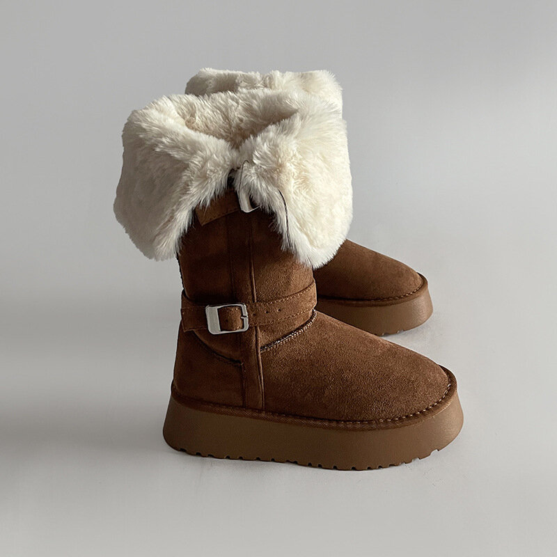 Новый осенне-зимний стиль, утолщенные двухсторонние сапоги до середины голени с пряжкой, флисовая подкладка, теплая хлопковая обувь, модные зимние сапоги на толстой подошве, увеличивающие рост, для женщин.