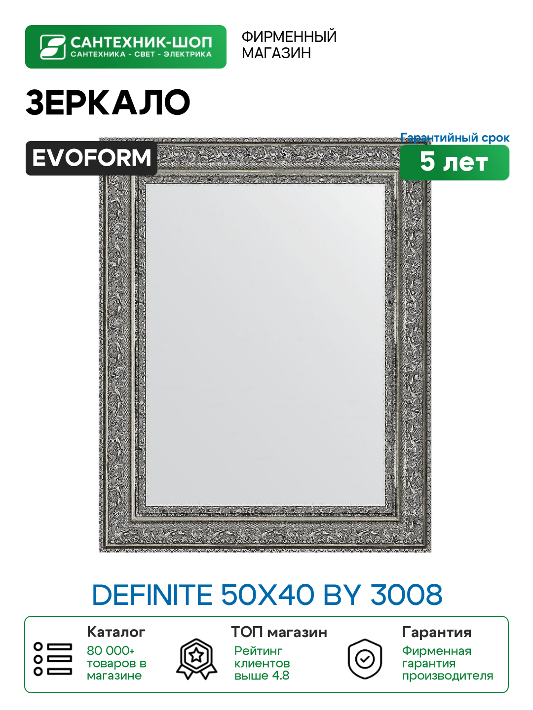 Зеркало Evoform Definite 50х40 BY 3008 в багетной раме - Виньетка состаренное серебро 56 мм
