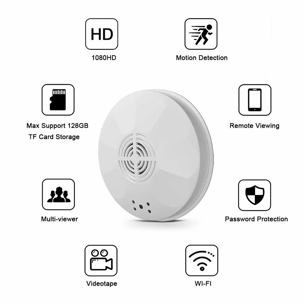 Камера безопасности SecureEye с датчиком дыма аккумулятор 800 мАч, ночное видение 940 нм, WiFi, удаленный доступ наблюдение за офисом