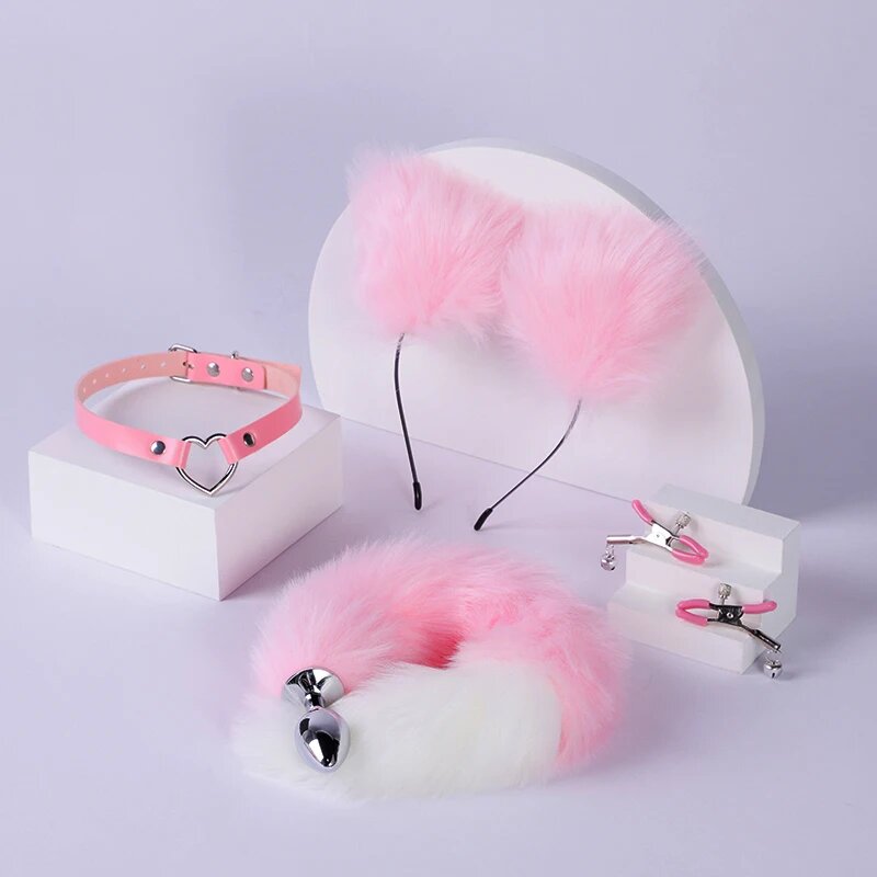 Черный волк, милый лисий хвост, Анальная пробка, ободки с кошачьими ушками, набор, зажим 4pcs Set G