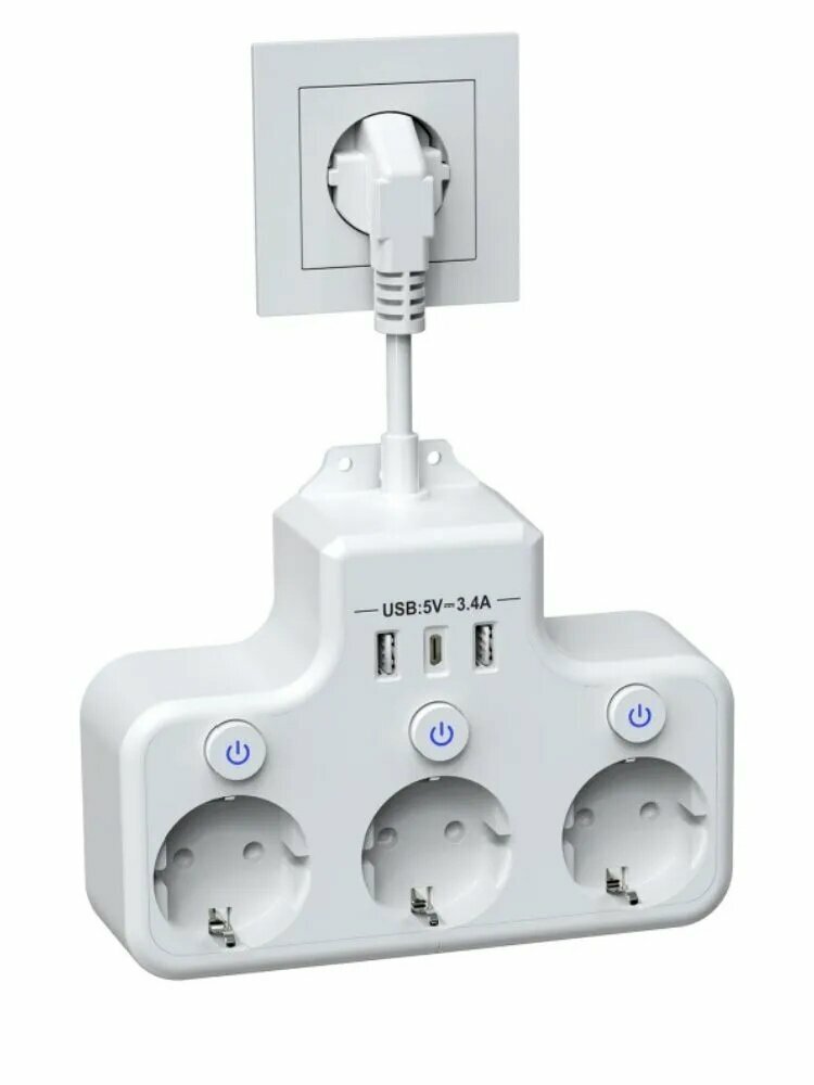 HITRENDS удлинителя с 2 USB и 1 быстрой зарядки Type-C, 3 разъемов, независимый выключатель, белое