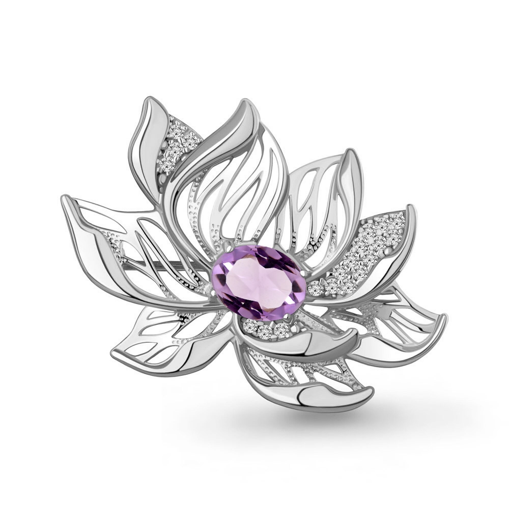 Брошь, серебро, 925 проба, родирование, аметист, фианит