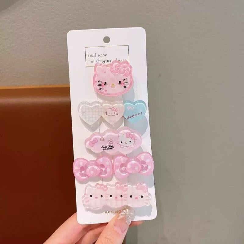 Набор из 5 заколок для волос в ретро-стиле с принтом - Hello Kitty, вишни и клетка (5 стилей, унисекс)