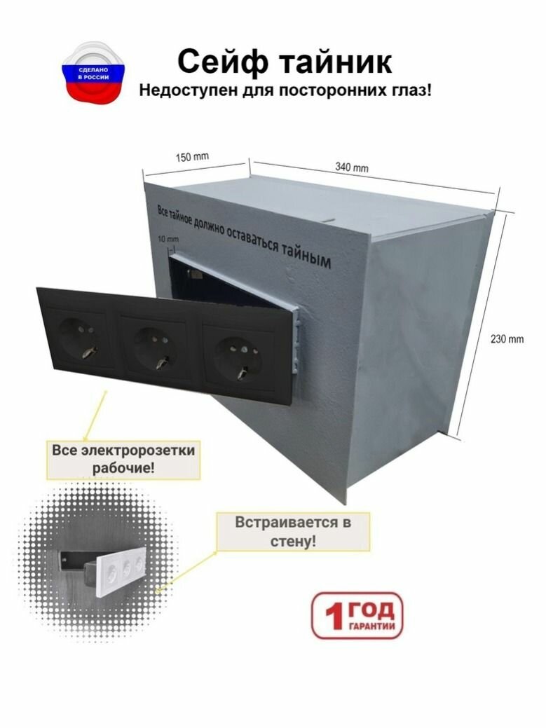 Скрытый сейф-тайник для денег и документов с блоком рабочих розеток Legrand. Встраиваемый в стену на глубину 15 см.