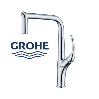 Кухонный смеситель Grohe, выдвижной смеситель для мойки (горячая и холодная вода), хром цвет.