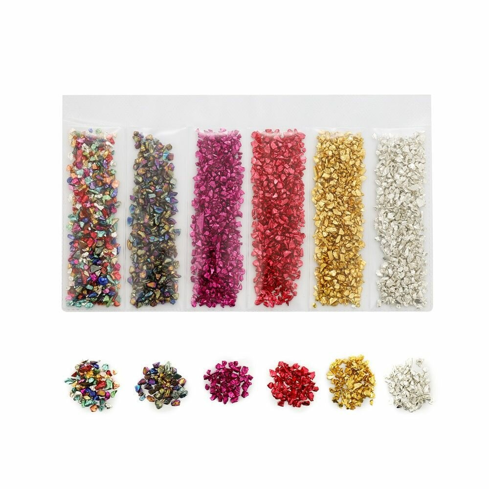 Стеклянная крошка для декора, набор 6 ярких цветов по 24 г, 10 удобных пакетиков, блестящий наполнитель для ваз, подсвечников и творчества