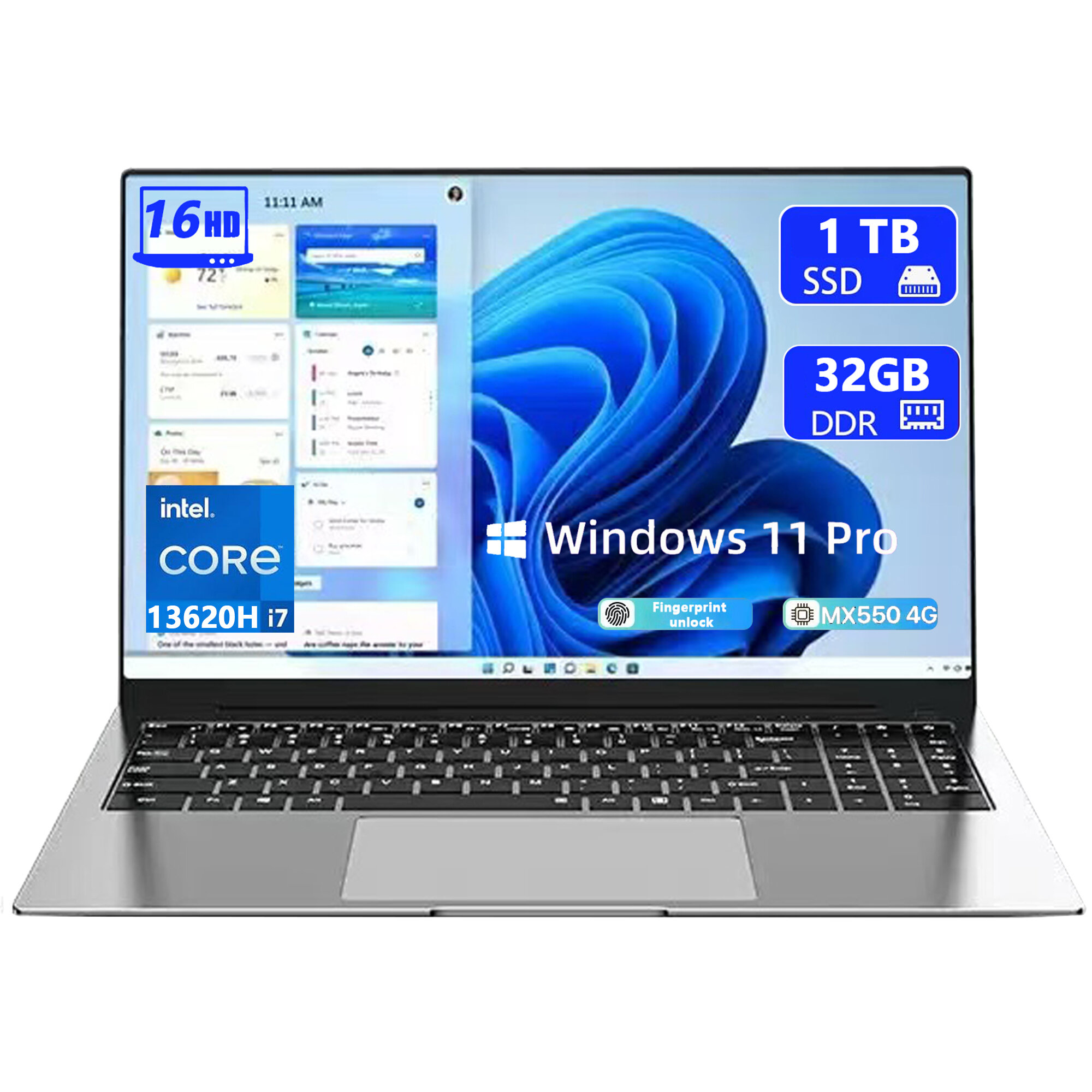 16-Inch 1080p Laptop with Intel Core i7-13620H & NVIDIA MX550 4GB GPU – FHD 16:10 Display, Aluminum Chassis