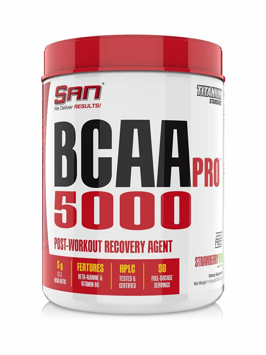 SAN BCAA Pro 5000, БЦАА с витамином В6 и бета-аланином, Аминокислоты для набора мышечной массы, похудения и выносливости, порошок 345г со вкусом клубника-киви