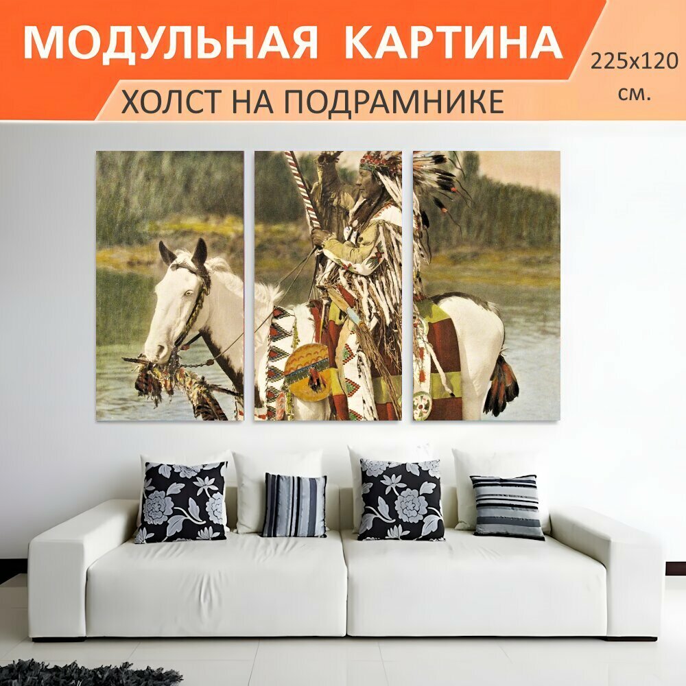 Модульная картина на холсте "Коренной индеец, живопись маслом, альберта" триптих на подрамнике 225х120 см. для интерьера