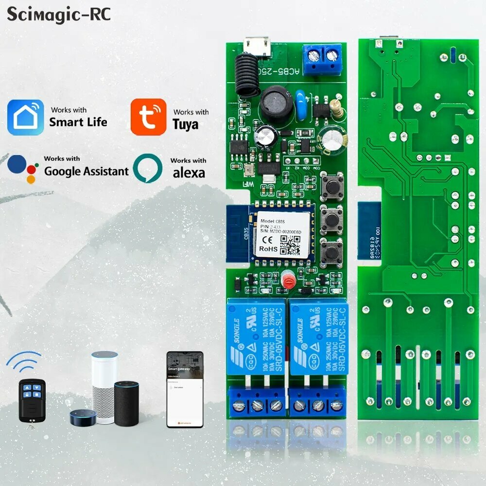 Двухканальный умный WiFi-релейный модуль Выключатель (AC 85-250V) с RF433, совместимый с Alexa и Google Assistant