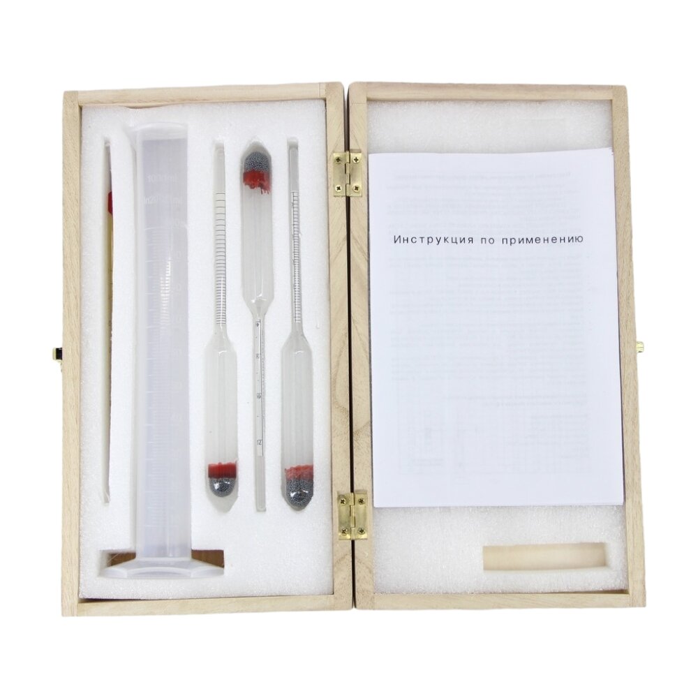 Набор ареометров АСП-3 c термометром и пластиковым цилиндром в деревянном футляре