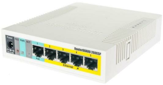 Коммутатор MikroTik CSS106-1G-4P-1S RB260GSP with 5 Gigabit ports and SFP cage, SwOS, plastic case, PSU, POE-OUT