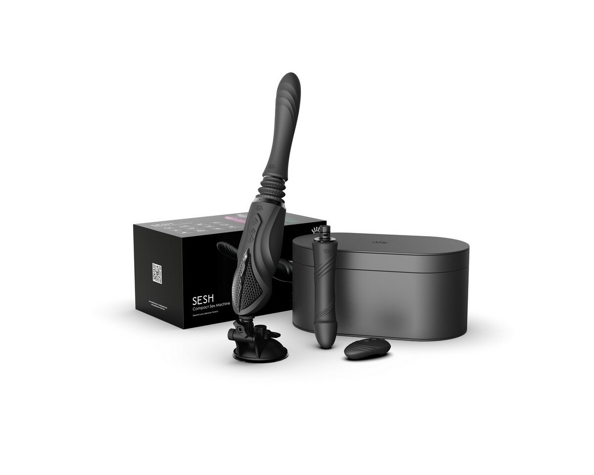 Компактная секс-машина с функцией нагрева, двумя насадками и присоской SESH, чёрная