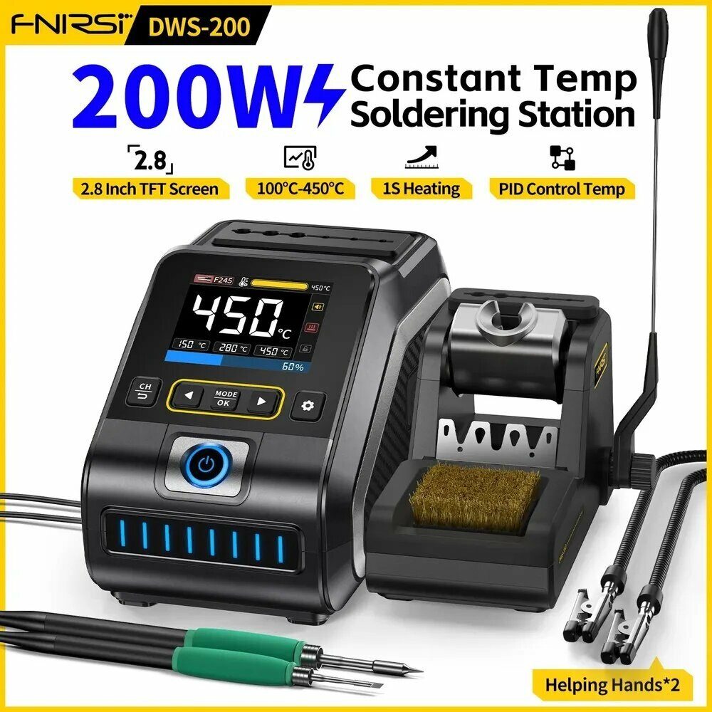 FNIRSI DWS-200, высокая мощность 200 Вт, интеллектуальная паяльная станция с функцией рассеивания тепла, ручной электронный сварочный инструмент, 6 жал паяльника + Вилки ЕС (13 шт.) - черные