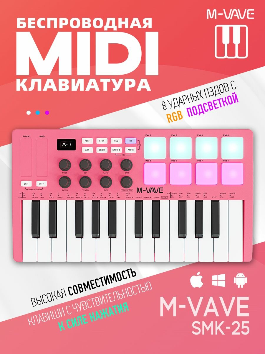MIDI-клавиатура M-VAVE SMK-25 (25 клавиш) розовый