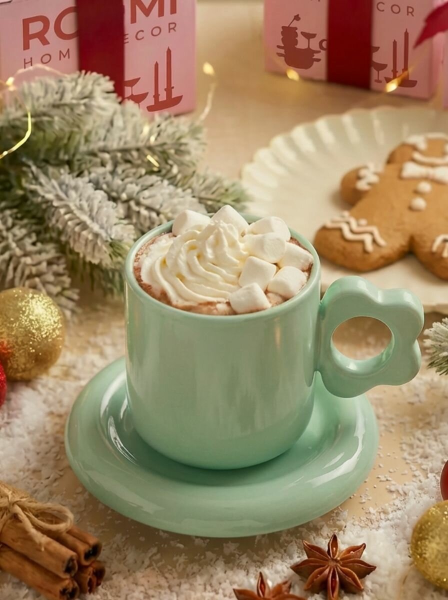 Чайная пара керамическая 325 мл, набор кофейной пары чашка бублик и блюдце керамика, цвет голубой