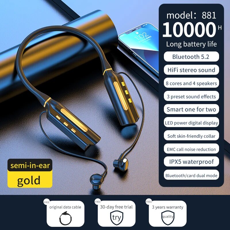 Беспроводные спортивные наушники Bluetooth 10000 мАч gold-Semi-in-ear