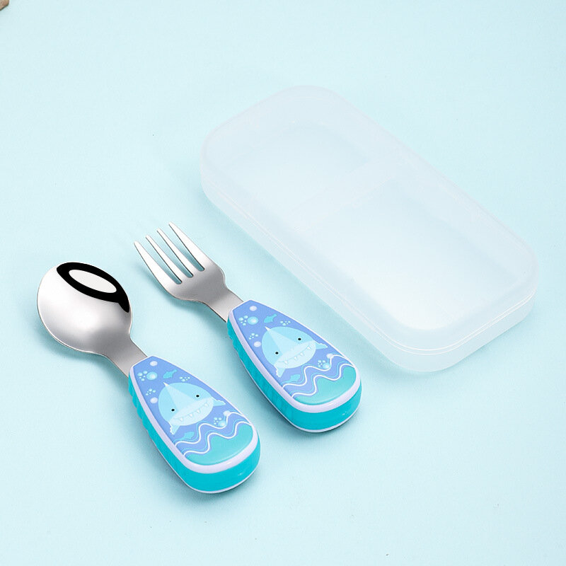 Набор детских ложек и вилок из нержавеющей стали 304 с дизайном акулы и переносной коробкой, 1 комплект