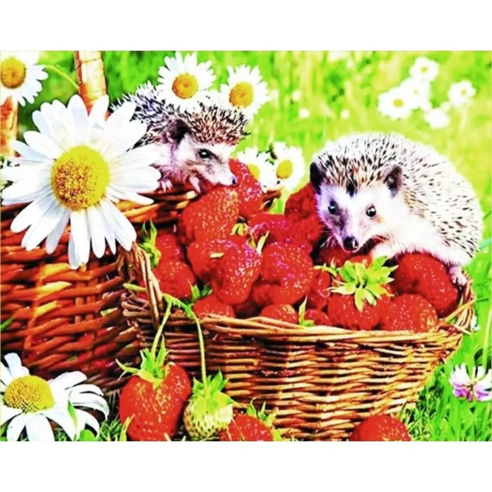 Алмазная Мозаика "Ежики В Лукошки С Земляникой. Животные"40x50 См Алмазная Вышивка / Картина Стразами Подарков / Украшения