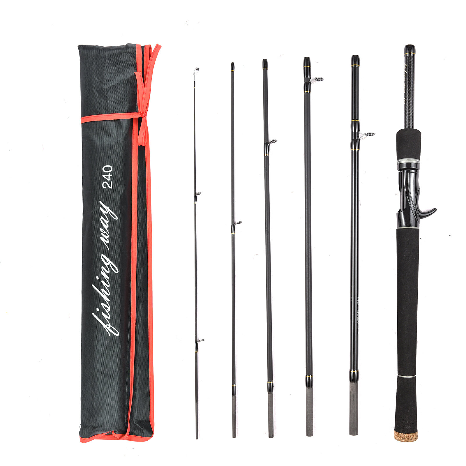 6 Piece Fishing Pole Ultralight Spinning/Casting Rod Travel Fishing Rod with Storage Bag из углеродного волокна, длина 2.1м / 2.4м, вес приманки 7-25г, вес лески 8-16lb, вес 140г / 4.9oz (2.1M); 150г / 5.3oz (2.4M)