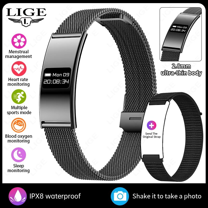 Умные часы LIGE, черный ремешок mesh