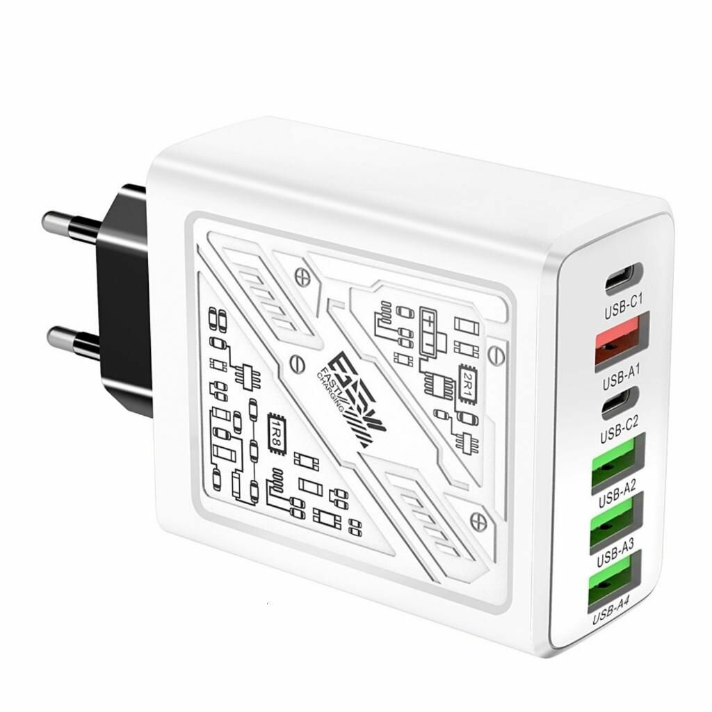 Зарядное устройство для 6 устройств с USB C и 4 USB портами, быстрое зарядное устройство для телефона, необходимое для путешествий, Белый - EU