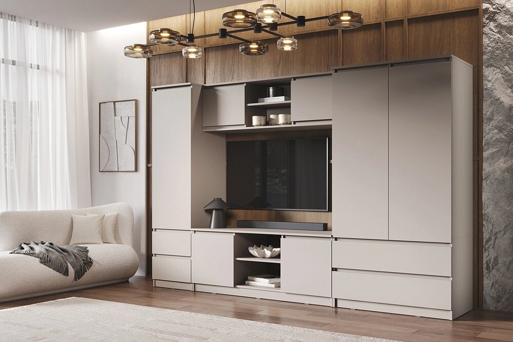 Гостиная комплект, шкаф двухстворчатый, антресоль, пенал, ТВ тумба, Челси 3, 270.6х179.6х51.4 см, Кашемир