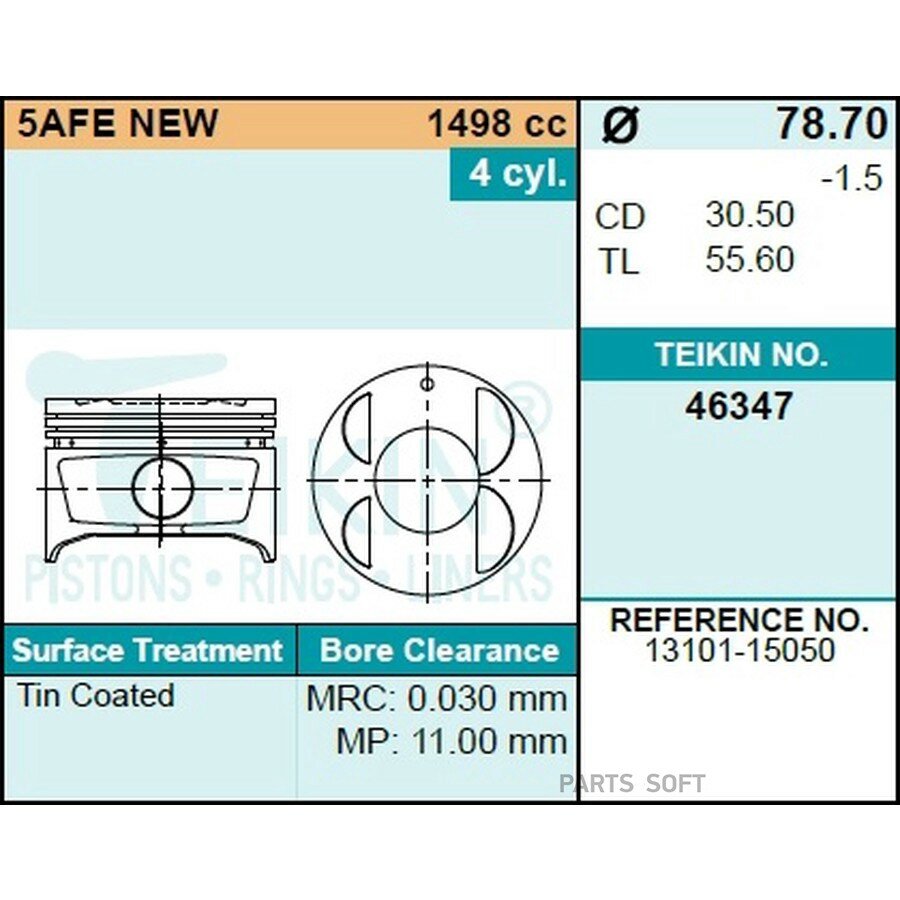 Поршень без колец ( цена за 1 шт) Toyota 5AFE d78.7+0.50 (13103-15050) от официального дистрибьютора, TEIKIN, артикул 46347050