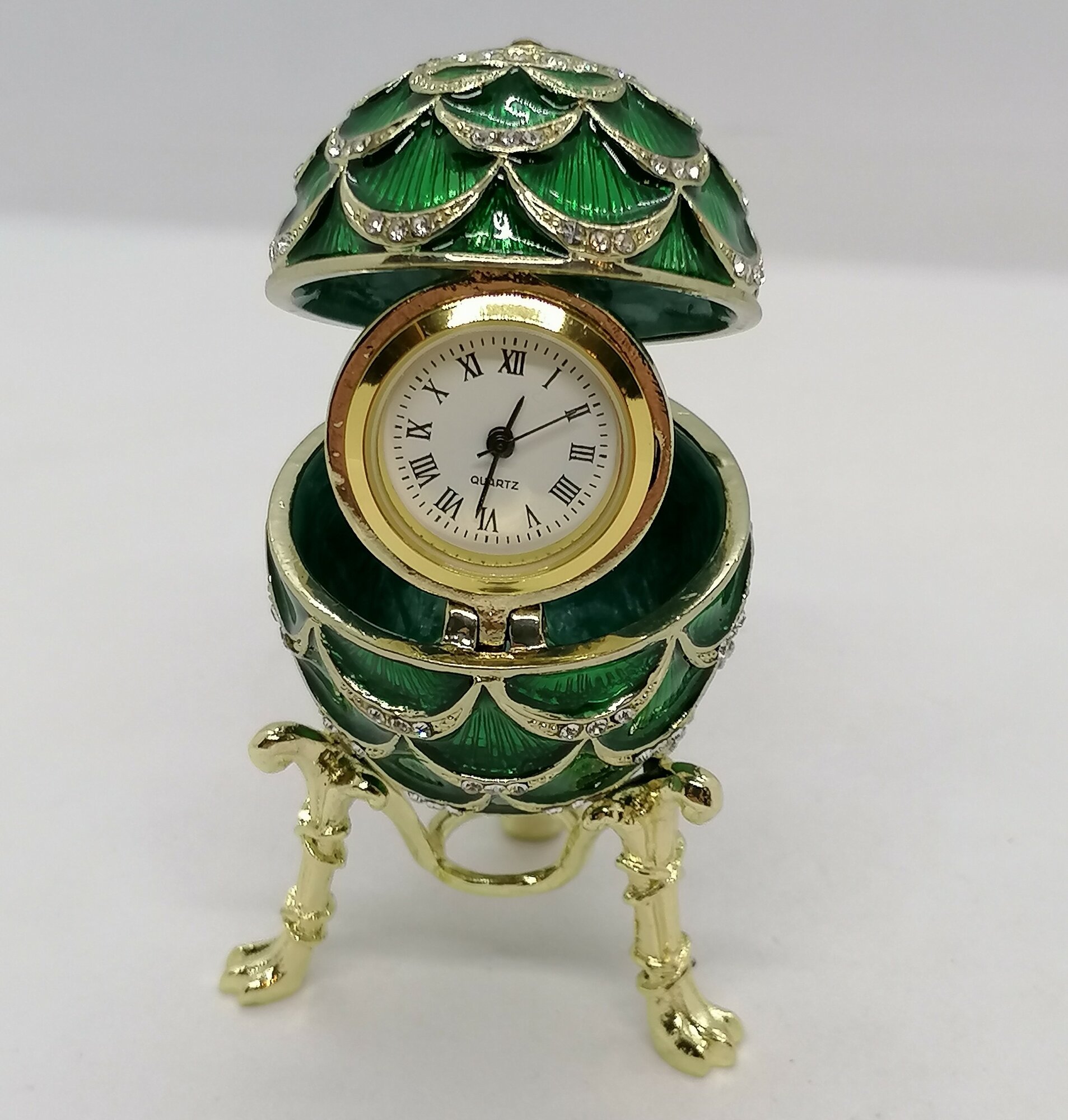 Шкатулка-яйцо QIFU арт. 696 "Яйцо Фаберже", с часами, стразами, цвет зеленый