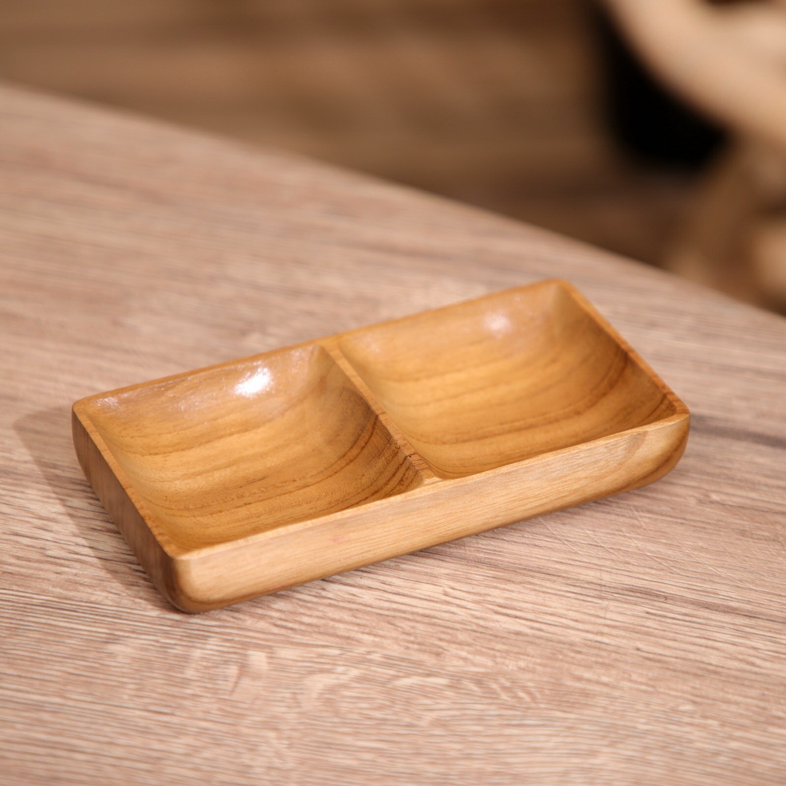 Соусница двойная, 14x7x2 см, тиковое дерево, форма: прямоугольная