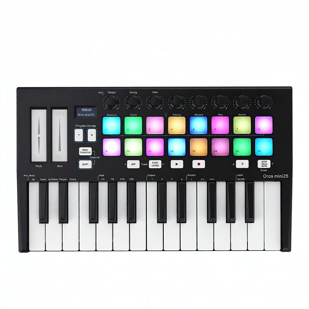 WORLDE Orca mini25 Портативный USB MIDI контроллер с 25 клавишами, 16 RGB подсвеченными триггерными падами, 8 настраиваемыми ручками управления, Черный + Белый, размер 31.9*19.3*5см, вес 800г, совместим с Win XP/7/8/10/Vista и Mac OSX