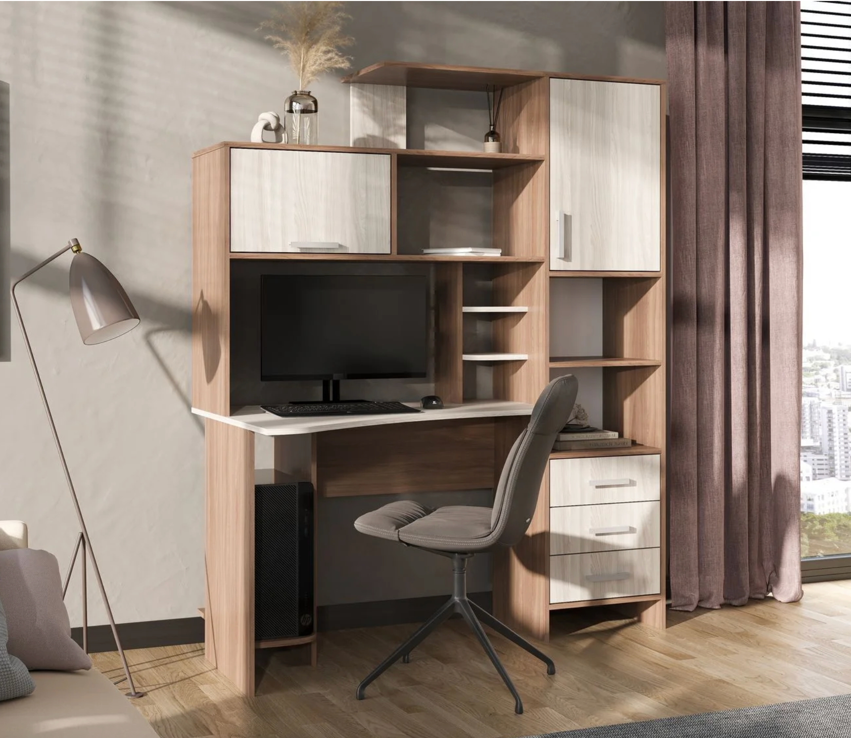 Компьютерный стол №6 с надстройкой и полками, 150×182×81 см, шимо тёмный / шимо светлый