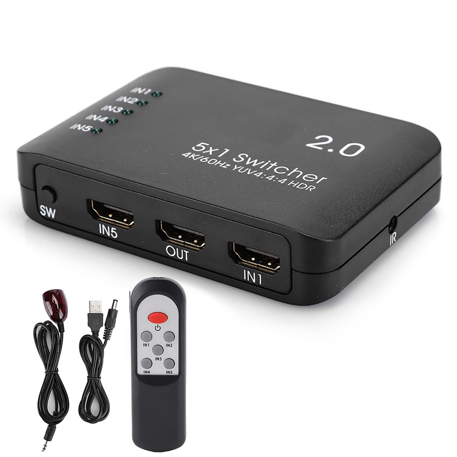 Коммутатор HDMI 2.0 5-в-1 с USB, поддержкой 4K 60 Гц для домашнего кинотеатра, черным светодиодным индикатором, совместимый с коммутатором-разветвителем HDMI