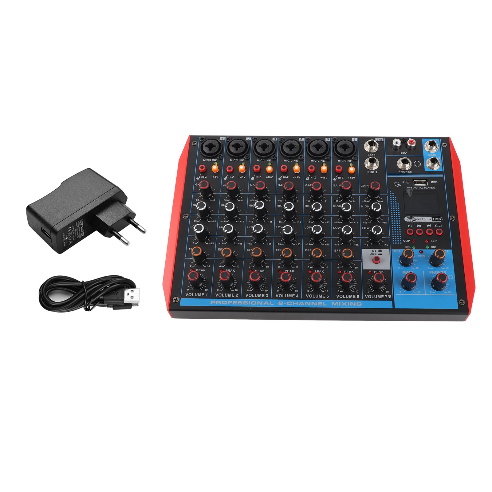 AG-8 Портативный 8-канальный цифровой микшерный пульт с фантомным питанием +48 В. Поддерживает Bluetooth/MP3-подключение для записи музыки, диджеинга, сетевого вещания, прямых трансляций и караоке.