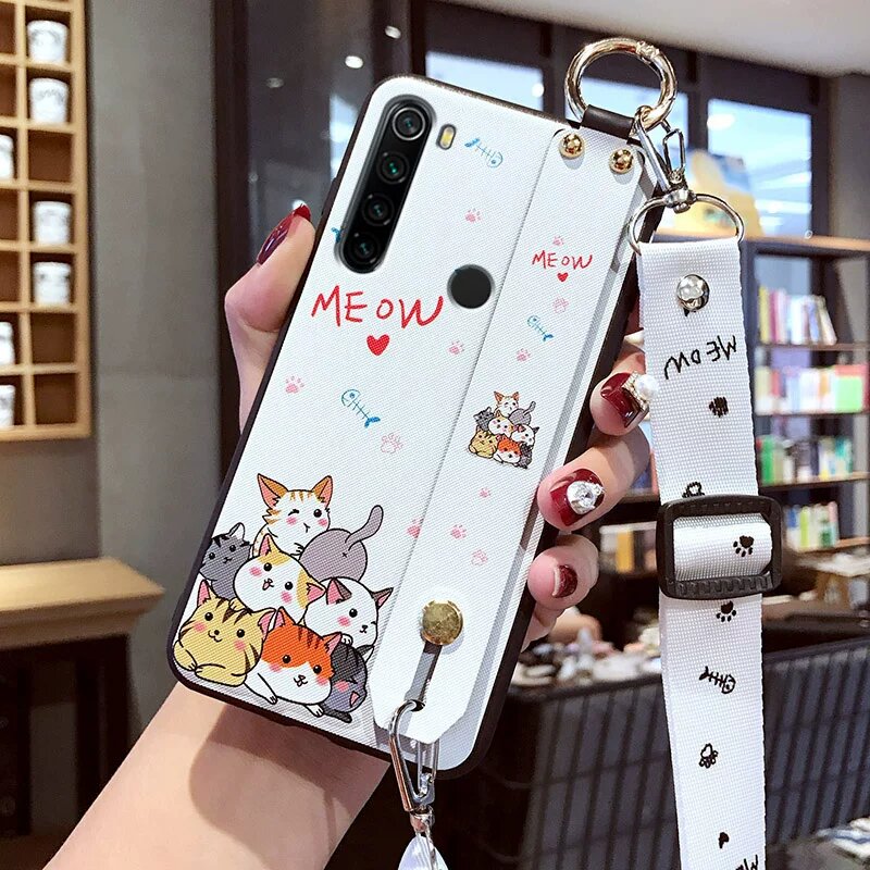 Силиконовый чехол для Redmi Note 8 с ремешком, дизайн круглой кошки, полная защита от падений, в комплекте стекло и