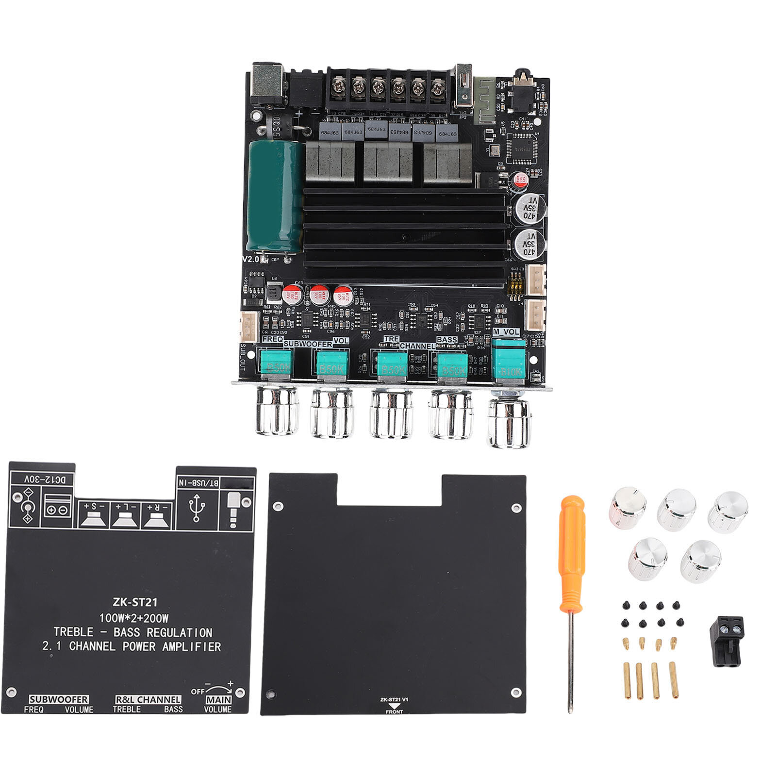 Усилитель мощности Bluetooth 5.1, 2.1 канала, цифровой сабвуферный модуль 100 Вт + 100 Вт + 200 Вт.