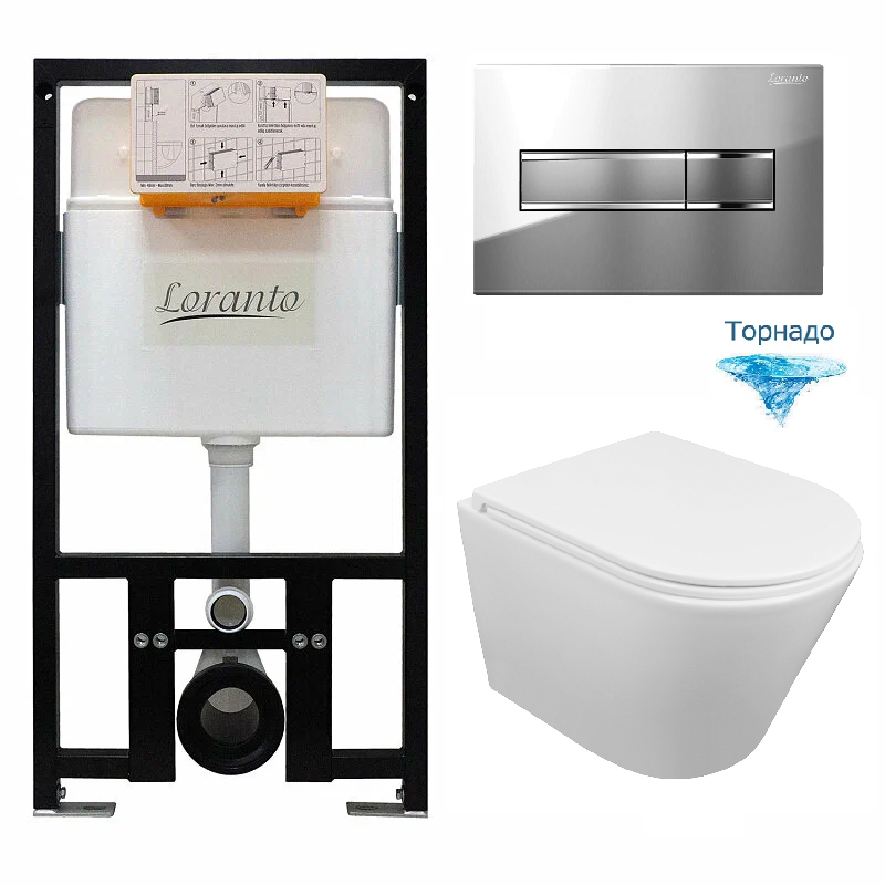 Сет: Инсталляция Loranto Prestige 4551 с кнопкой Loranto Line хром матовый 7322 + Унитаз подвесной Azario Teramo 340х490х350 безободковый, слив "Скрытое торнадо", с сидением микролифт AZ-0053-UQ3